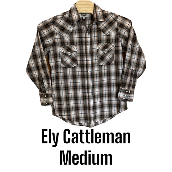 Ely Cattleman | Shirts | Ely Cattleman Plaid Western Shirt Pearl Snap Brown And Black Mens ...